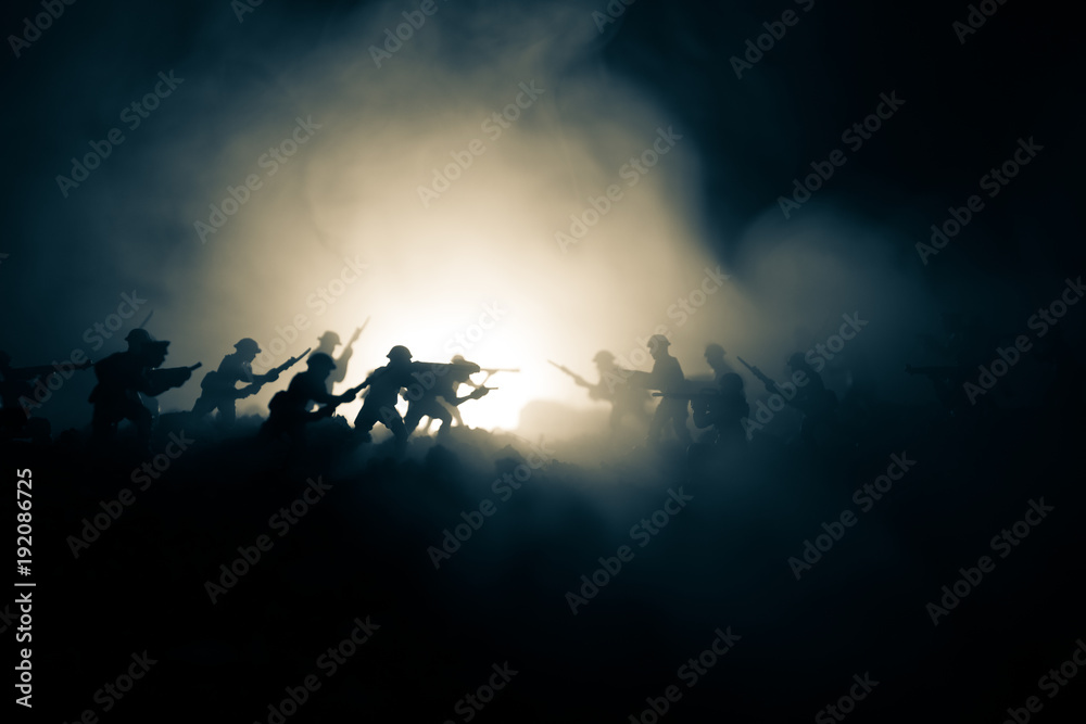 War Concept. Military silhouettes fighting scene on war fog sky ...