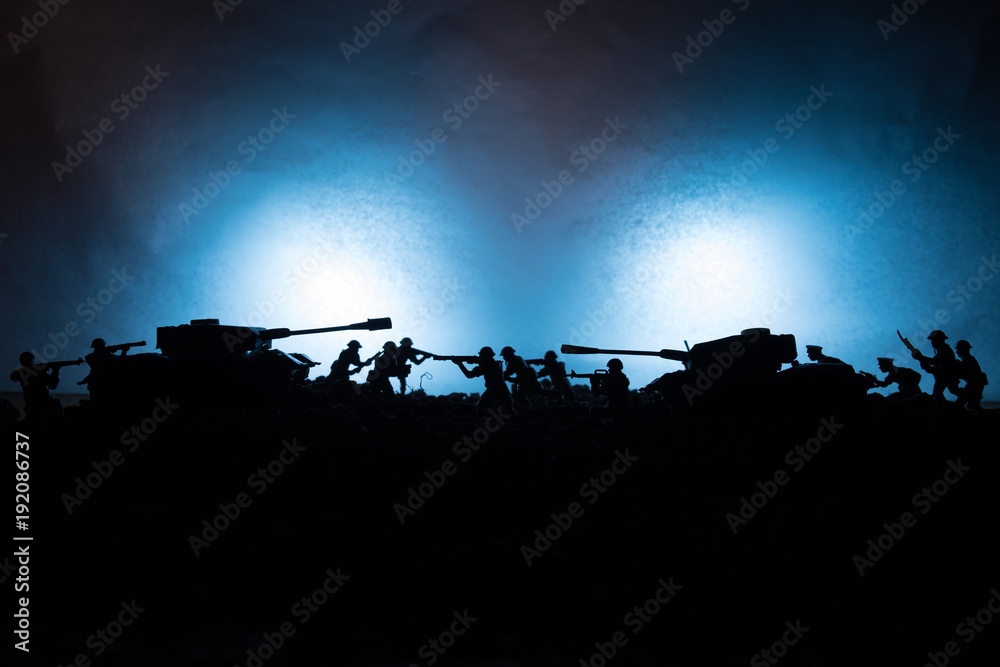 War Concept. Military silhouettes fighting scene on war fog sky ...