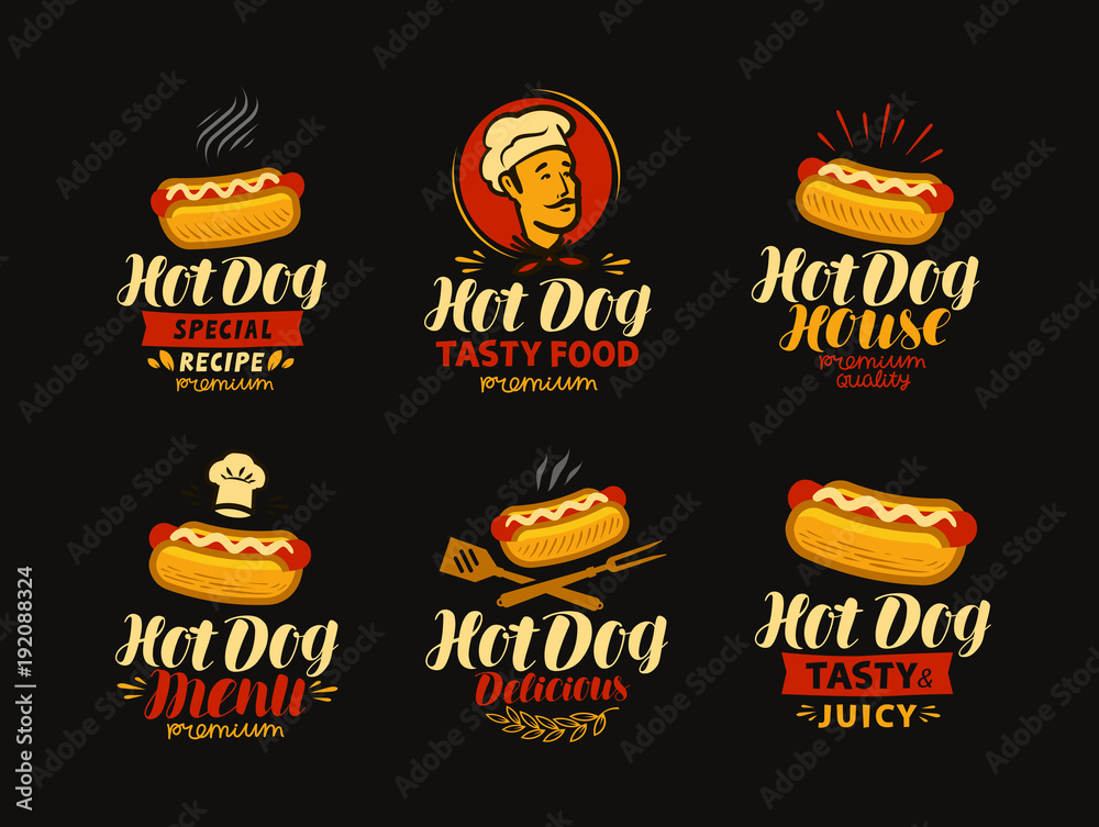 Hot dog logo or label. Fast food set of icons. Vector illustration ...