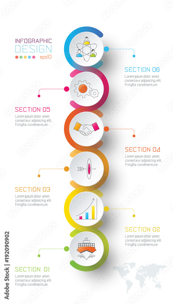 Business circle labels shape infographic around the world map. Stock ...