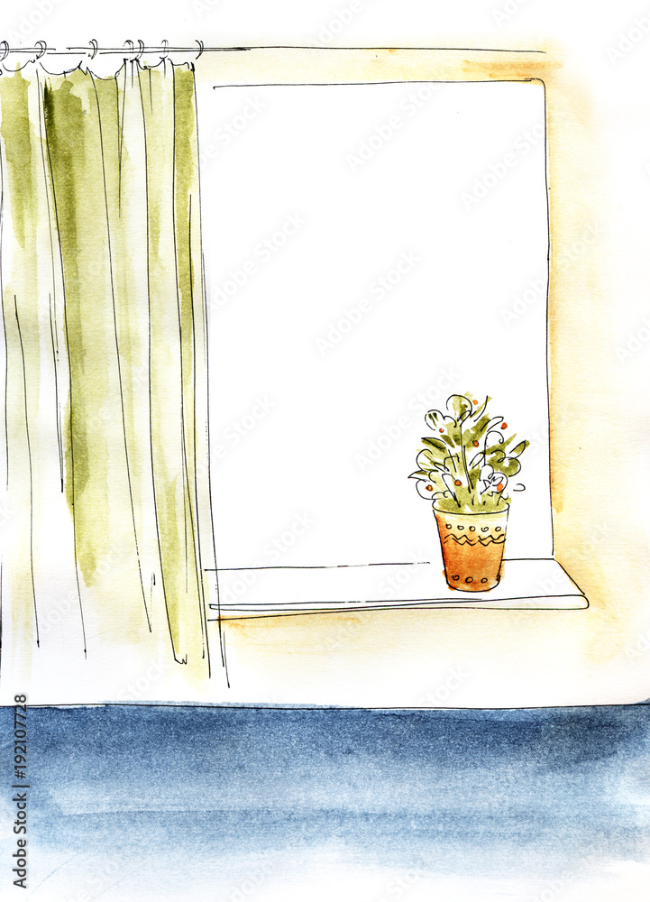 Window frame with a window sill, flower in a pot and curtain. Light ...