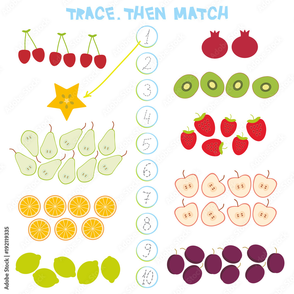 Kids learning number material 1 to 10 Trace Then match. Illustration of ...