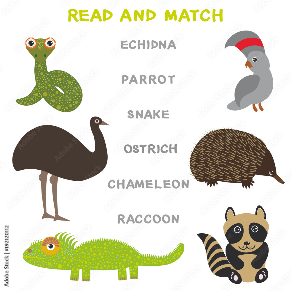 Kids words learning game worksheet read and match. Funny animals ...