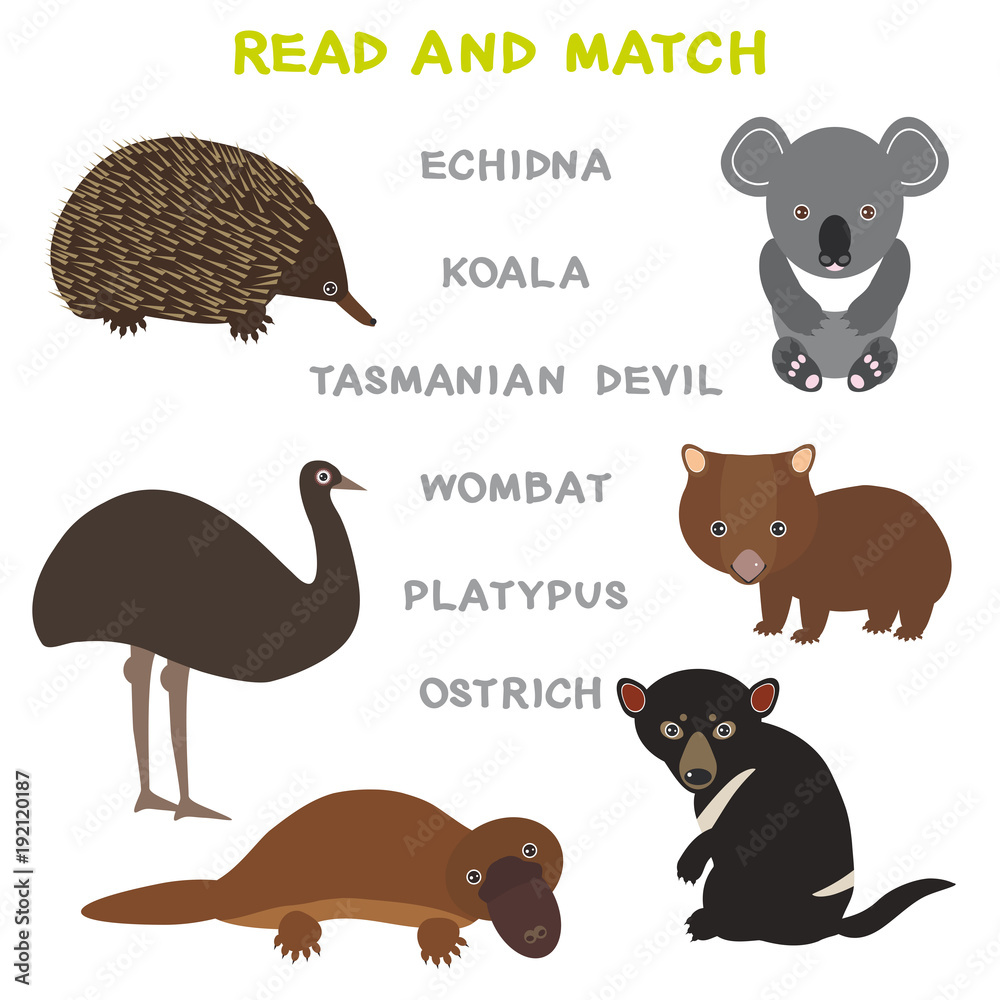 Kids words learning game worksheet read and match. Funny animals ...