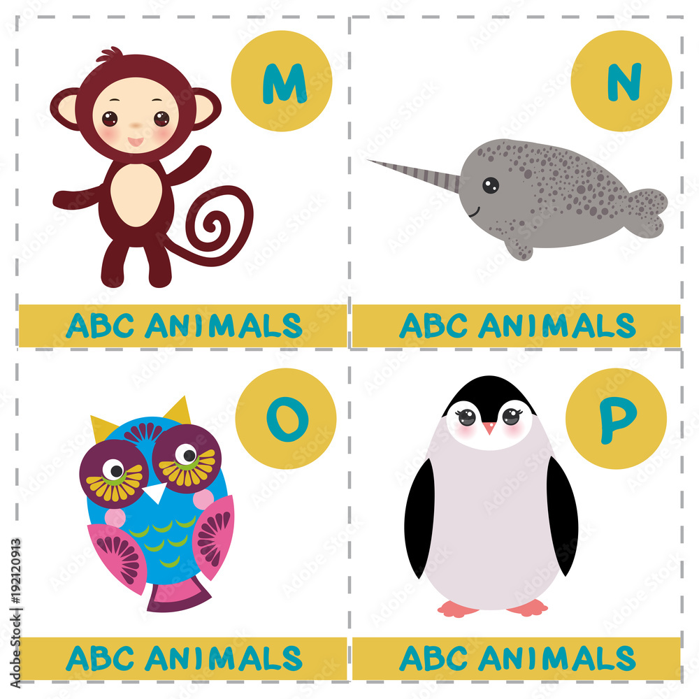 ABC alphabet for kids. Set of funny narwhal owl monkey penguin cartoon ...