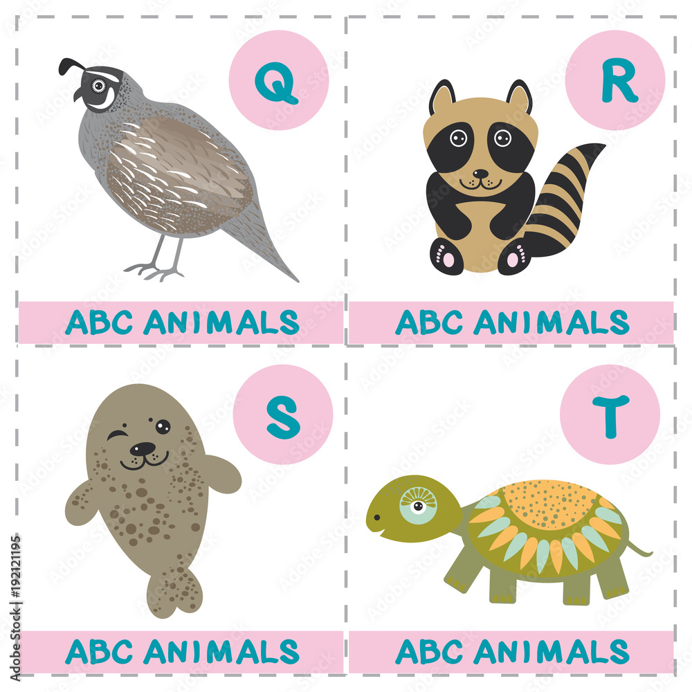 ABC alphabet for kids. Set of funny turtle raccoon fur seal quail ...