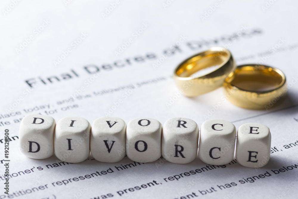 Word - Divorce made up of wooden letters on the table with wedding ...