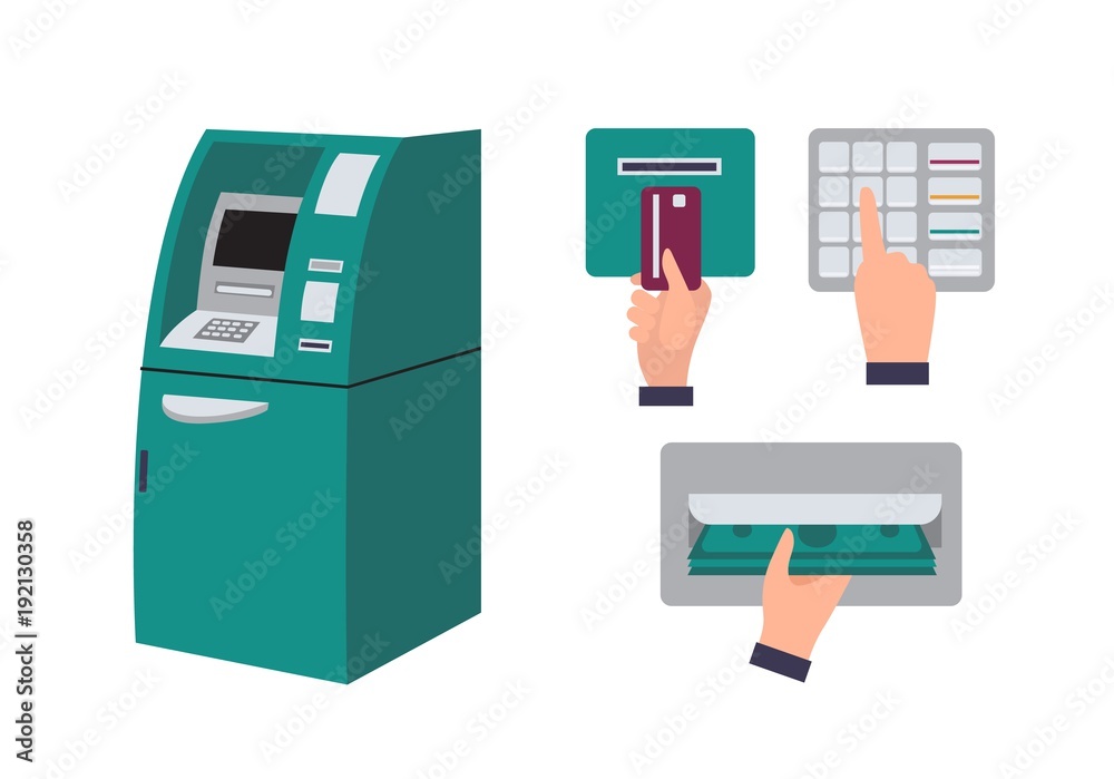Vetor de Automated teller machine and hand inserting credit card into ...