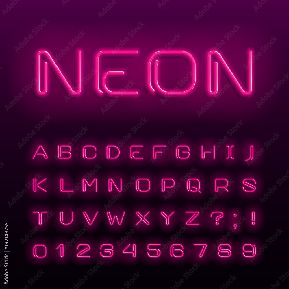 Neon lamp alphabet font. Neon color shiny letters, numbers and symbols ...