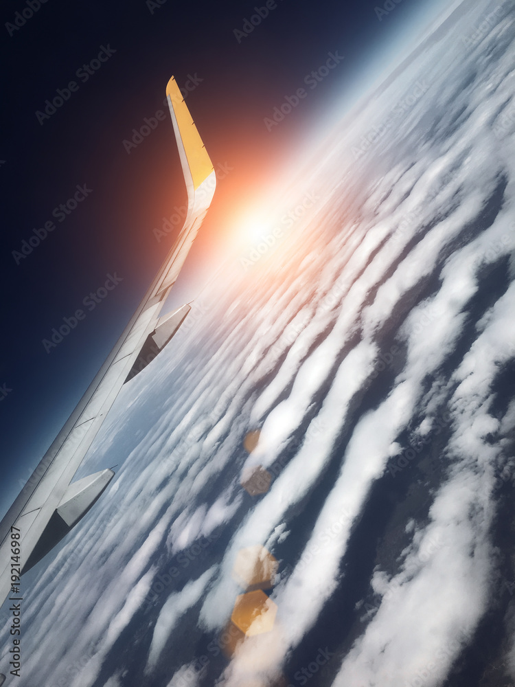 jet plane wing in front of cloudy blue sky background Stock Photo ...