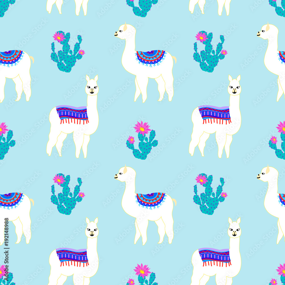 Seamless pattern with cute llama, castus and flower. Vector abstract ...