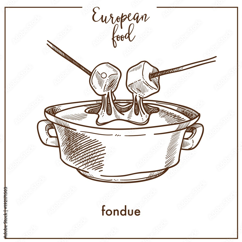 Fondue sketch icon for European Swiss food cuisine menu design Stock ...