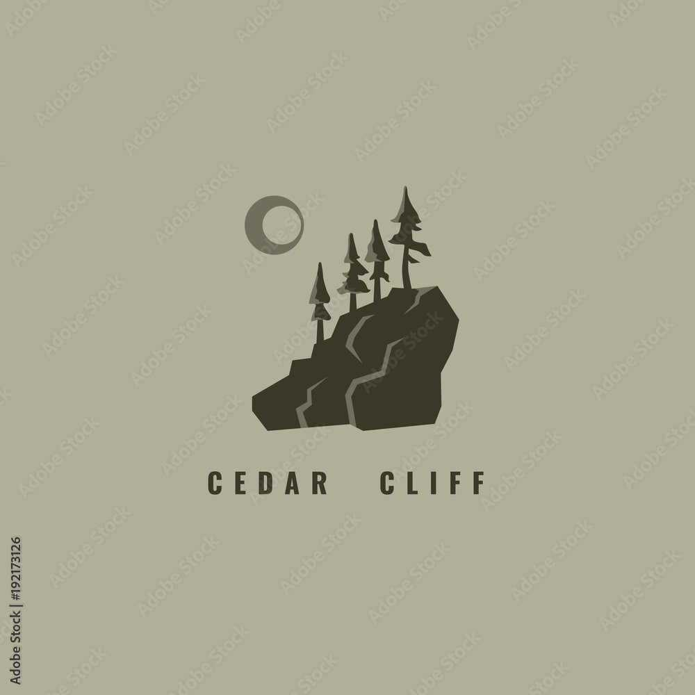 Hand drawn logo of cliff with pines. Vector travel logotype Stock ...