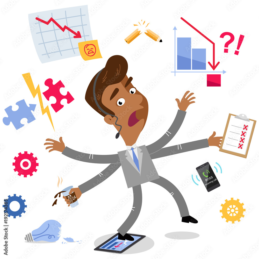 Vector illustration of a clumsy asian cartoon businessman with four ...