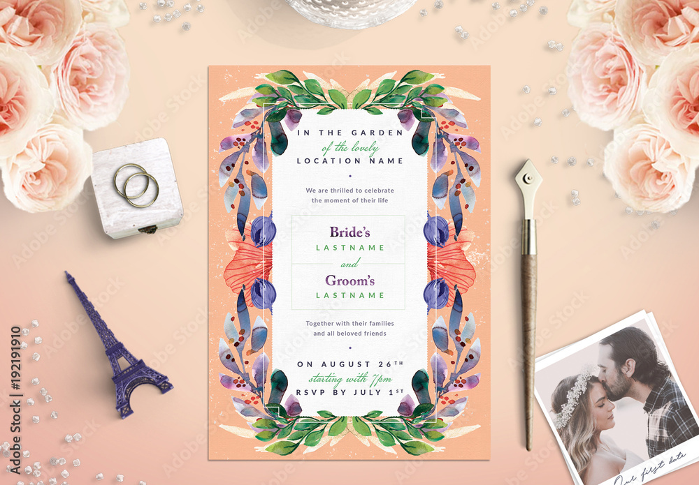 Bright Floral Border Wedding Invitation 1 Stock Template | Adobe Stock