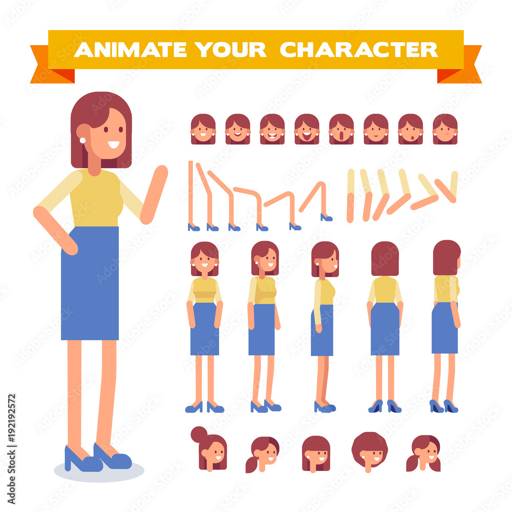 Front, side, back, 3/4 view animated character. Young lady character ...