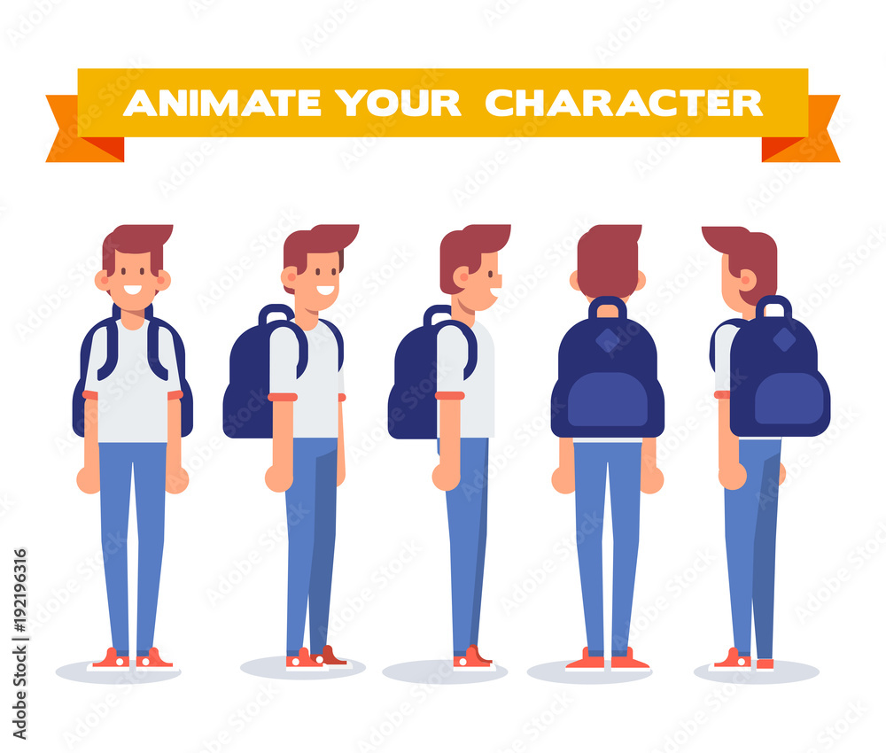 Student, young guy with backpack. Front, side, back, 3/4 view character ...