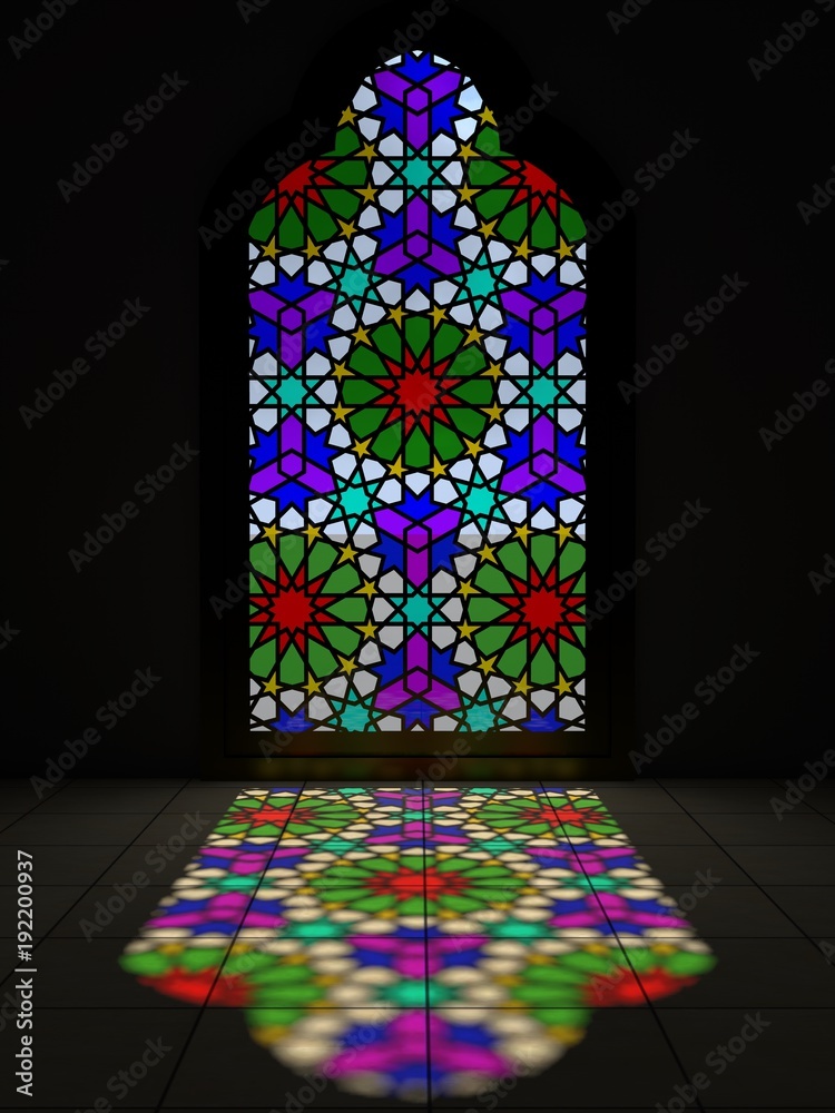 Islamic window, colored stained glass window of a mosque with a ...