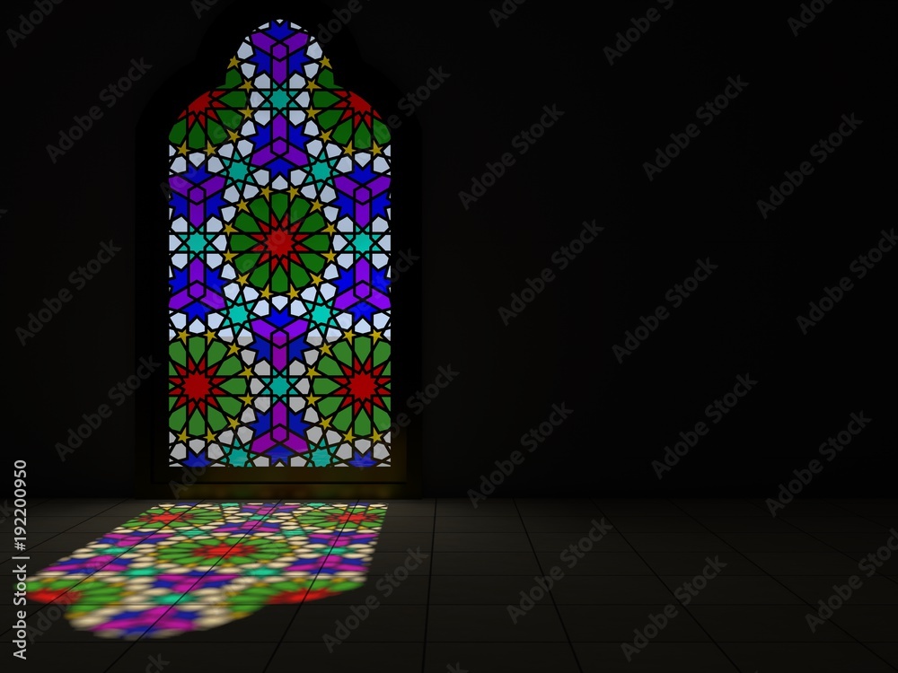 Islamic window, colored stained glass window of a mosque with a ...