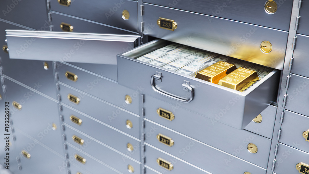 open bank safe door with dollars bills and gold inside 3d illustration ...