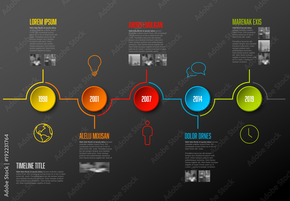 Timeline Infographic with Colorful Buttons and Business Icons Stock ...