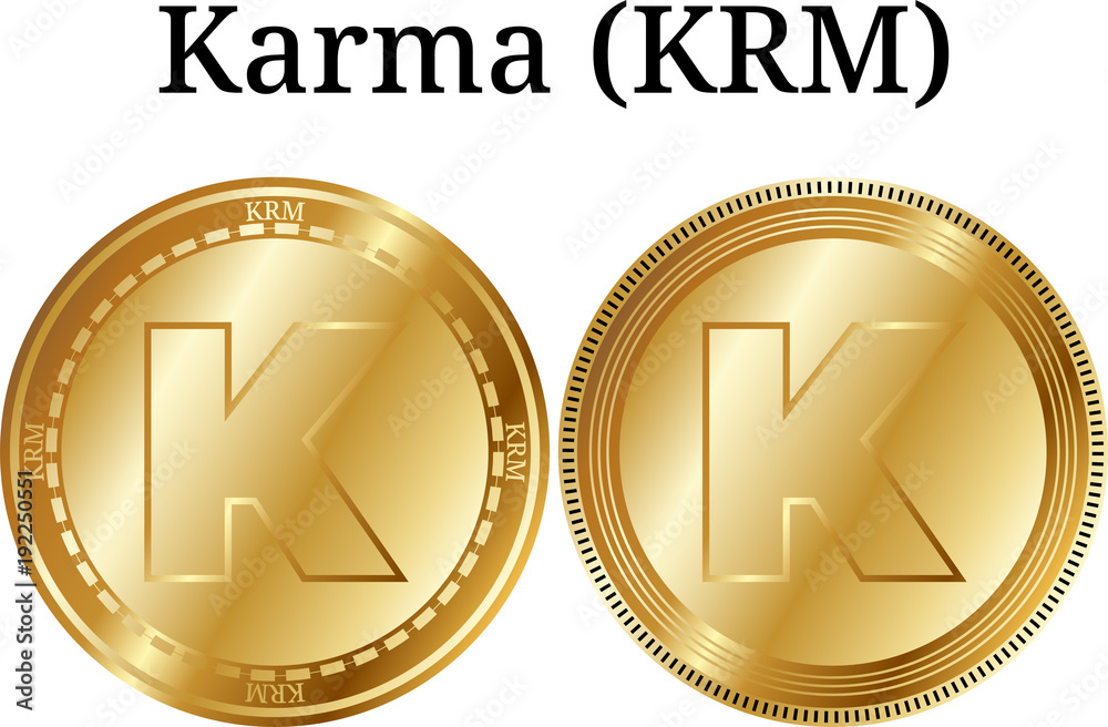 Set of physical golden coin Karma (KRM), digital cryptocurrency. Karma (KRM) icon set. Vector ...