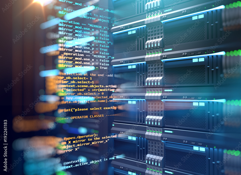 server room 3d illustration with node base programming data design ...
