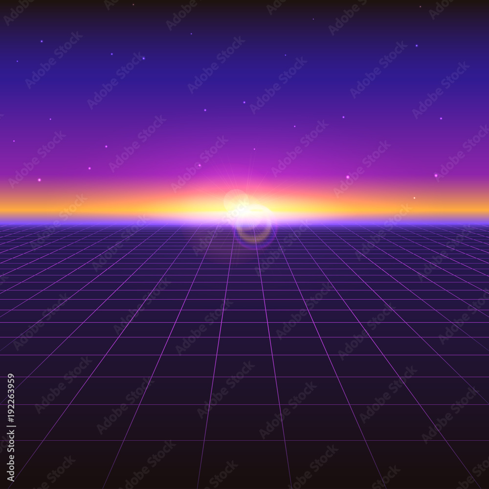 Sci fi futuristic abstract background with neon grids and stars. Violet ...