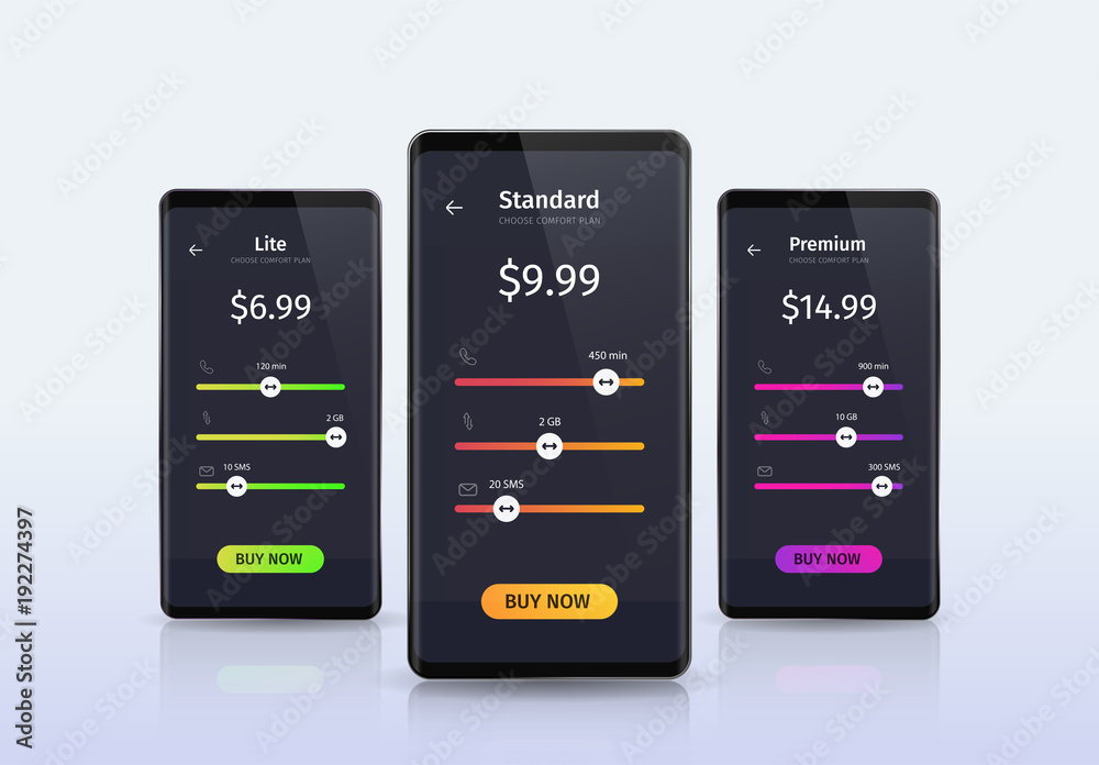 Set of tariff plans of mobile operator vector illustration. Ux Ui ...