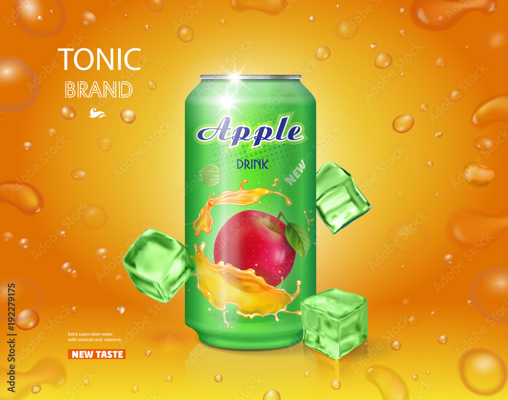 Alumimium tin of apple juice. Fruit drink advertising vector design ...