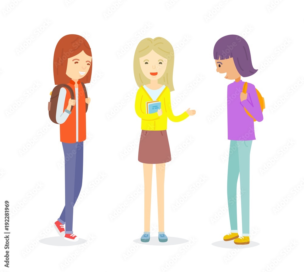 Vecteur Stock Group of teen girl talking outdoor, Girl introduced new ...