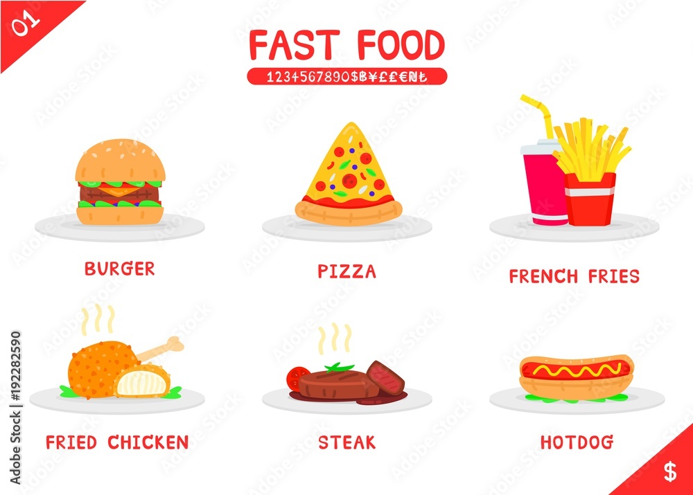 Set of fast food menu burger pizza french fries fried chicken steak and ...
