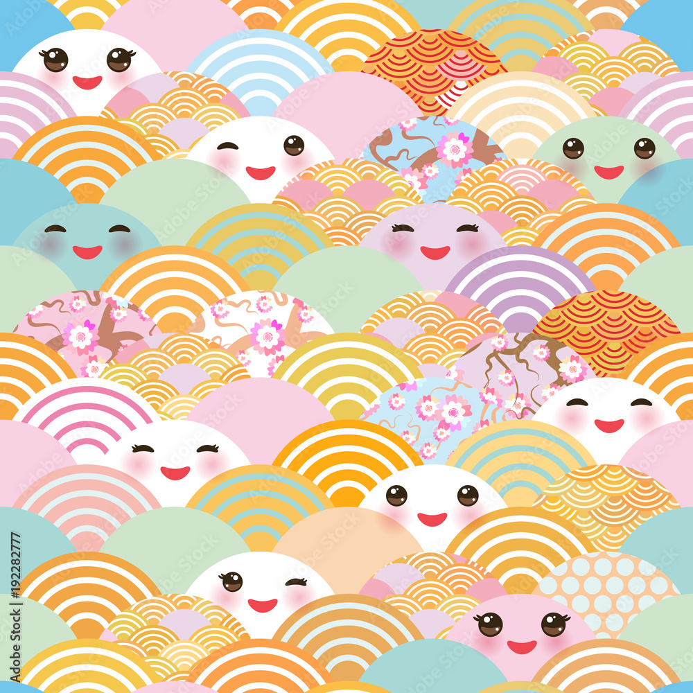 seamless pattern Kawaii with pink cheeks and winking eyes simple Nature ...
