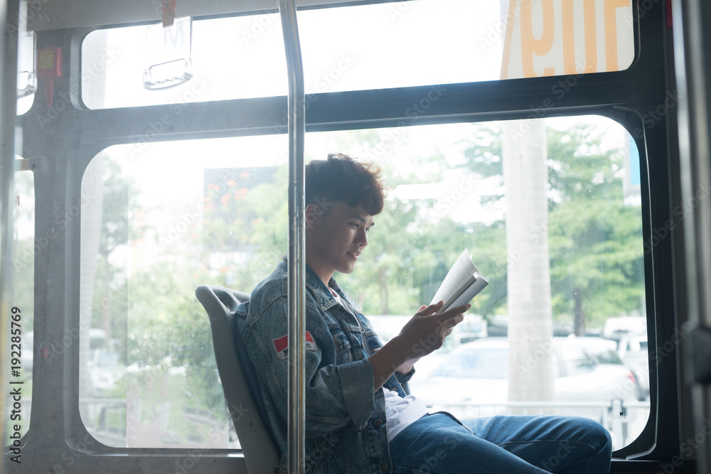 Public transport. people in the bus. Asian man sitting inside city bus ...