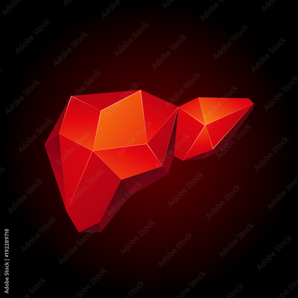 Red low poly human liver on a black background. Abstract anatomy organ ...