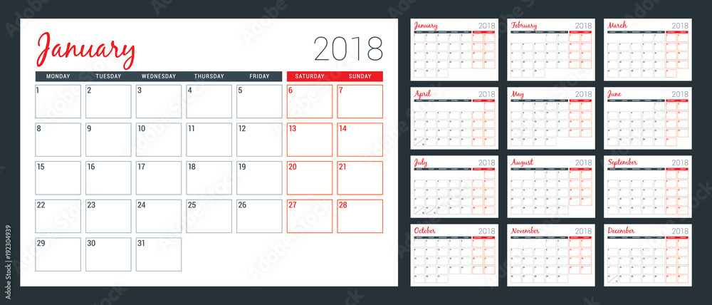 Calendar planner for 2018 year. Week starts on Monday. Vector design ...