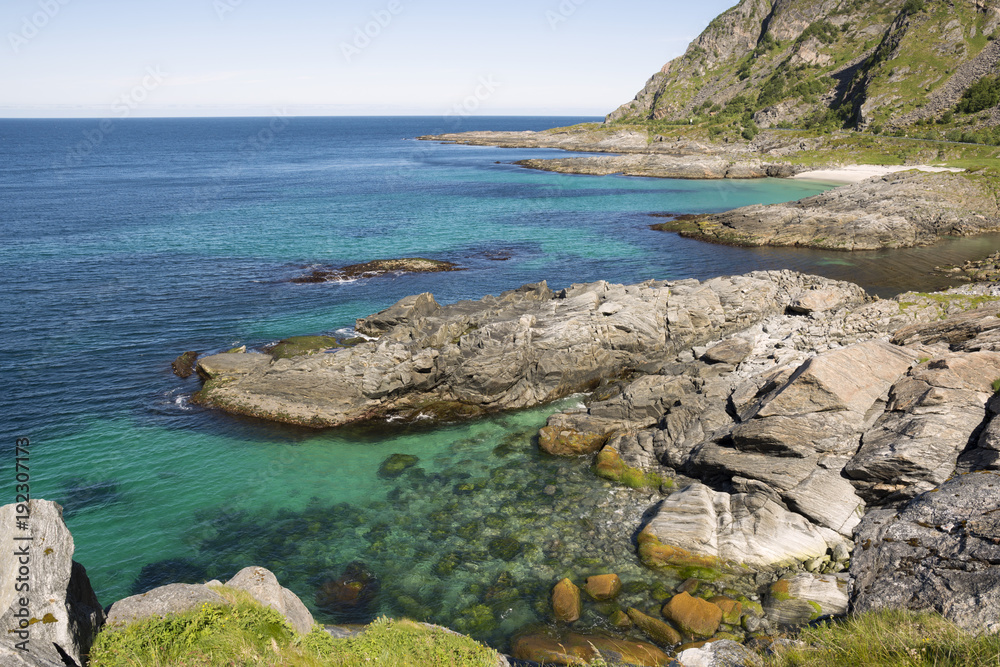 stretch of coast with emerald green sea on the National Tourist Route ...