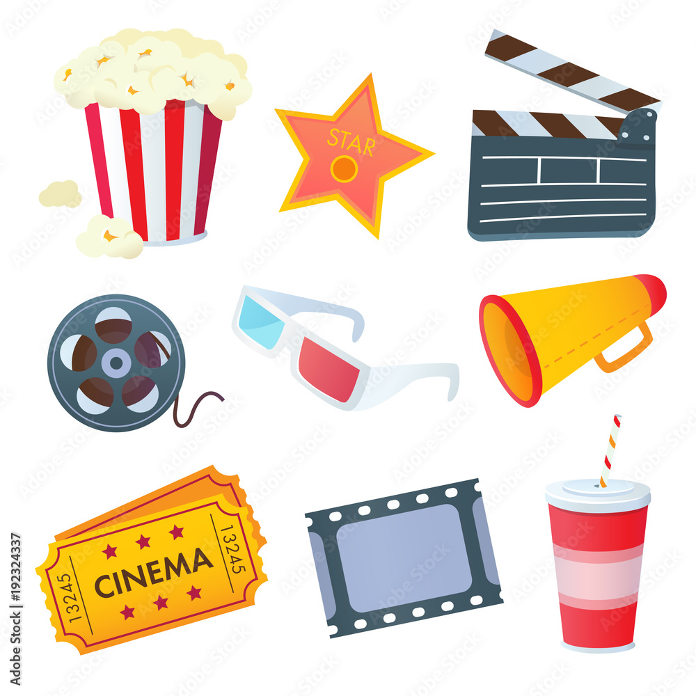 vector cartoon style 3d effect cinema movie illustration set Stock ...