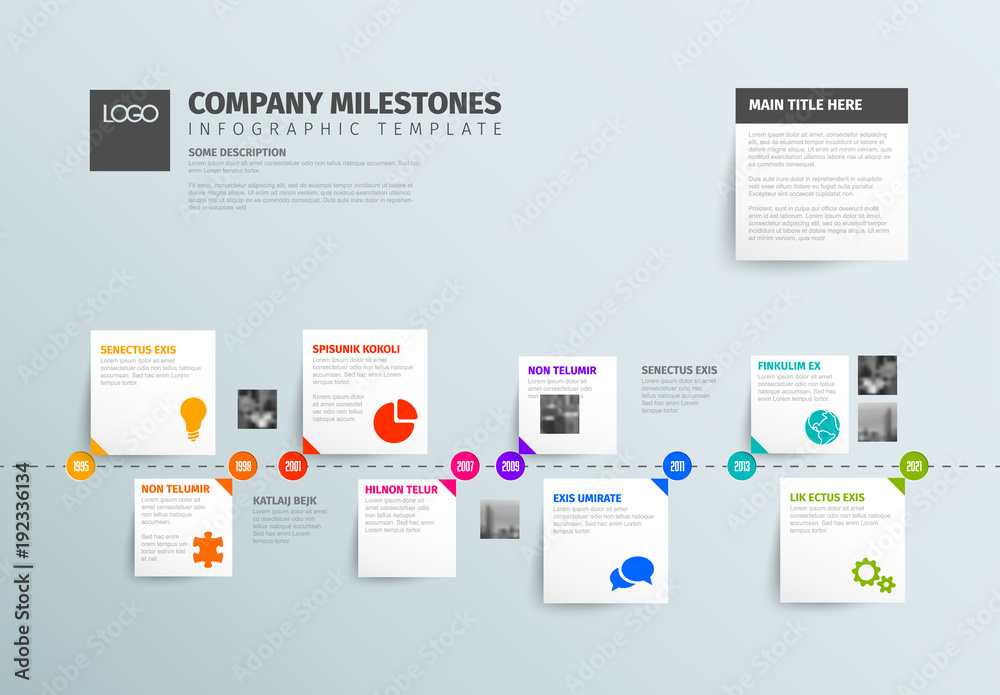 Simple horizontal timeline with some facts, photos and icons Stock ...