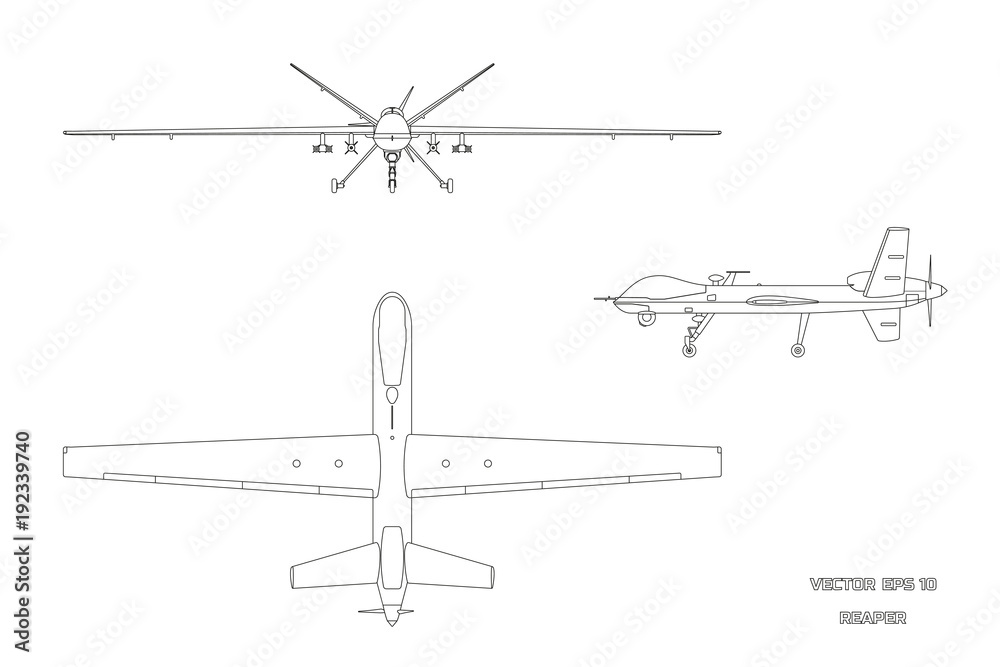 Outline image of military drone. Top, front and side view. Army ...