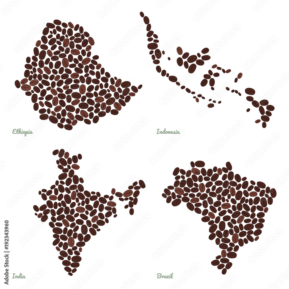 Country maps made out of coffee beans. Vegetarian illustration. Four ...