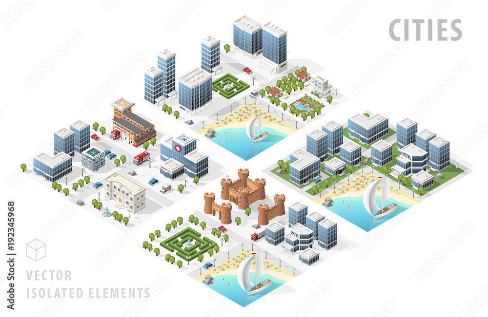 Set of Isolated Isometric Realistic City Maps. Elements with Shadows on ...