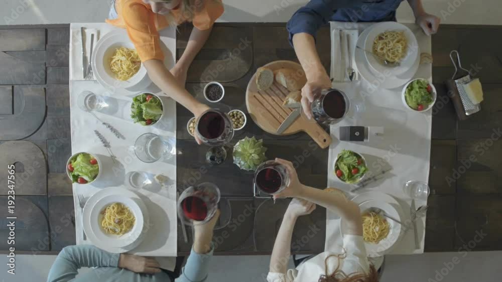 Overhead Top View Table Four Caucasian Friends Eating Carbonara Italian