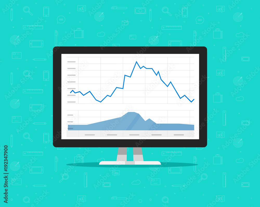 Vecteur Stock Computer with stocks graphs vector illustration, flat ...
