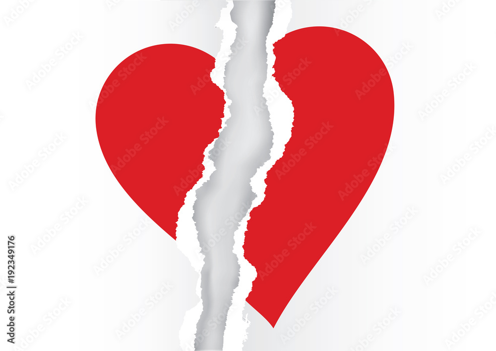 Red heart symbol on white ripped paper. Torn paper with broken heart ...