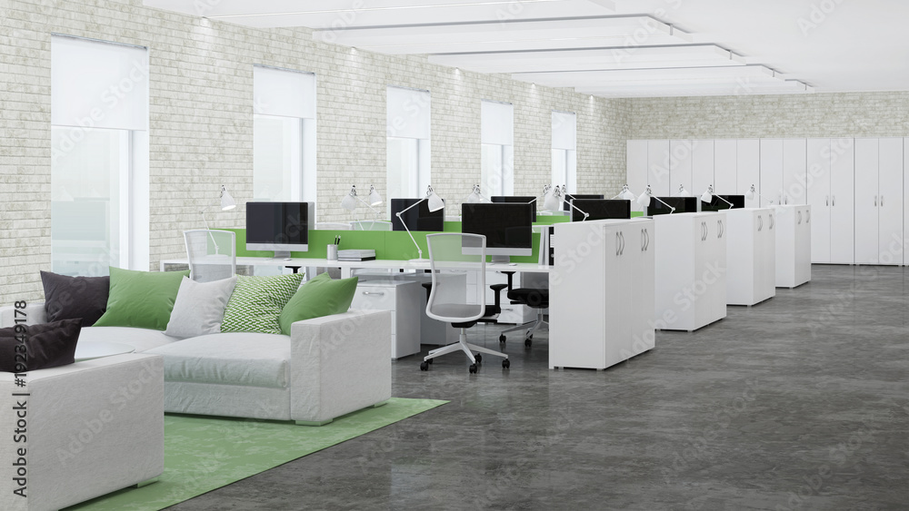 Office space. Design of office. 3D rendering. Stock Illustration ...