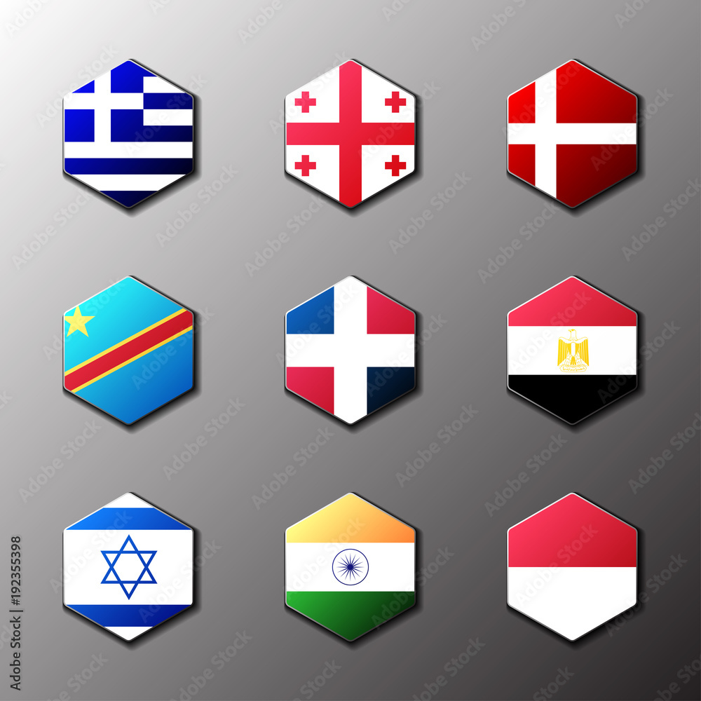 Hexagon icon set. Flags of the world with official RGB coloring and ...