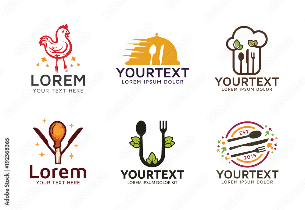 Collection of food and restaurant logos with cutlery and chicken. Set ...