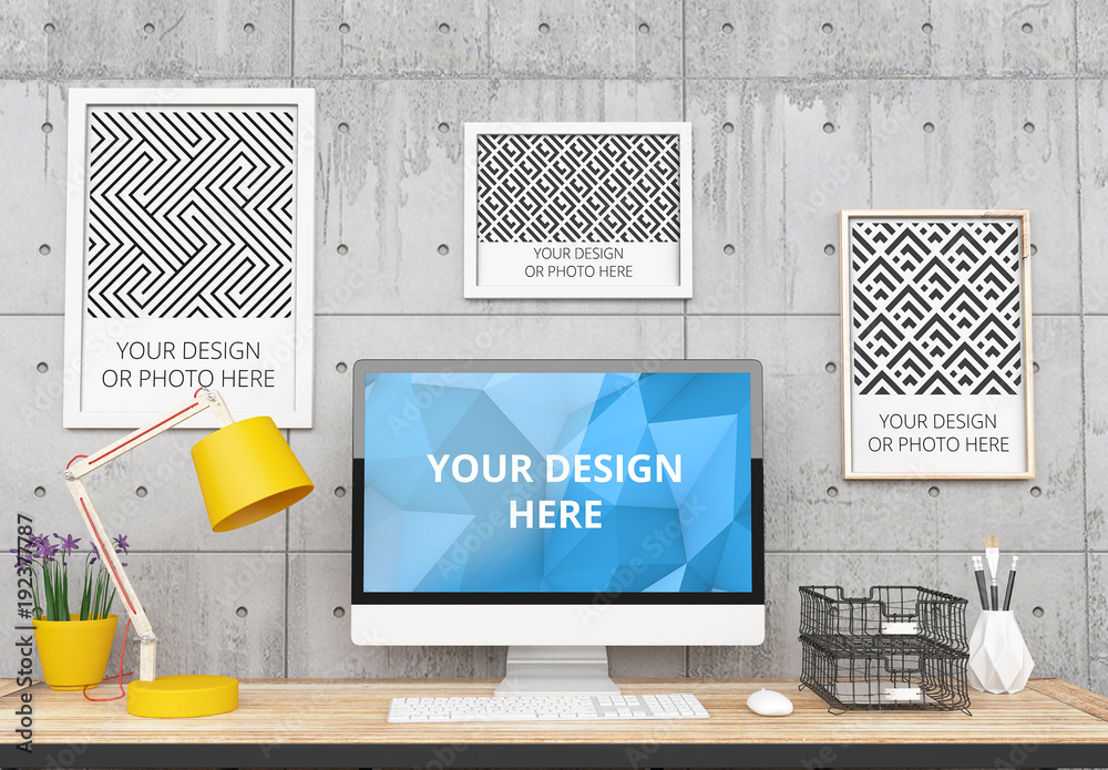 3 Frames and Computer in an Office Mockup 1 Stock Template | Adobe Stock