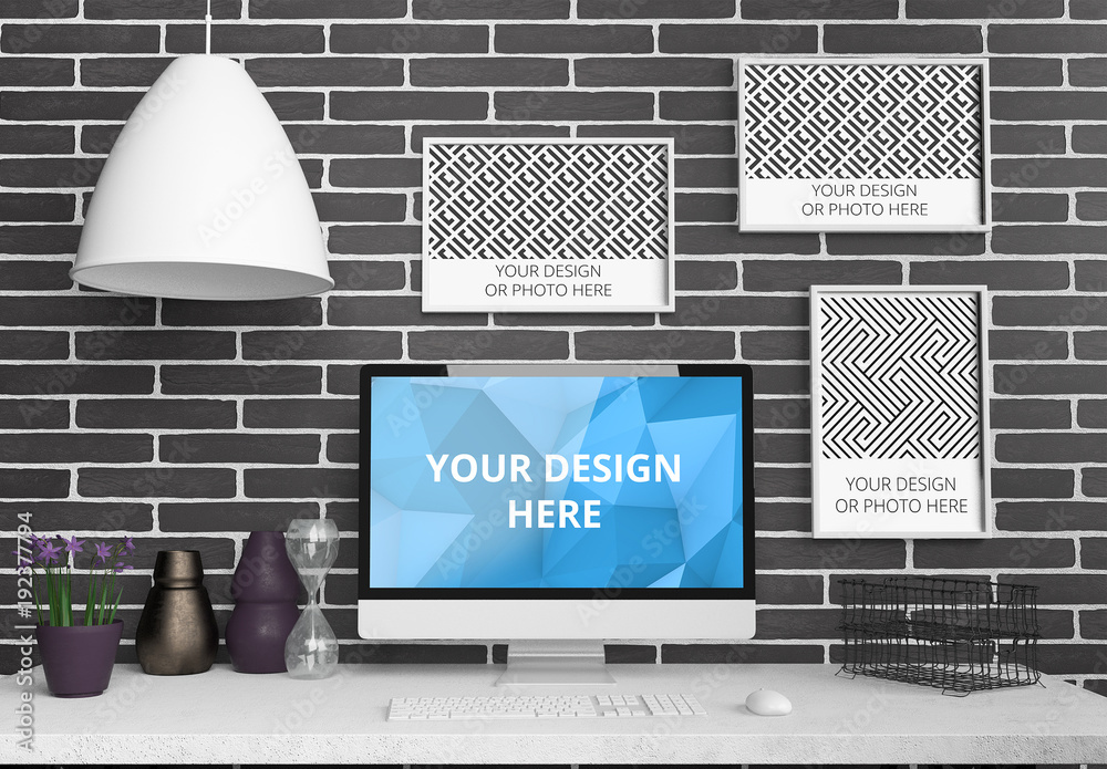 3 Frames and Computer in an Office Mockup 2 Stock Template | Adobe Stock